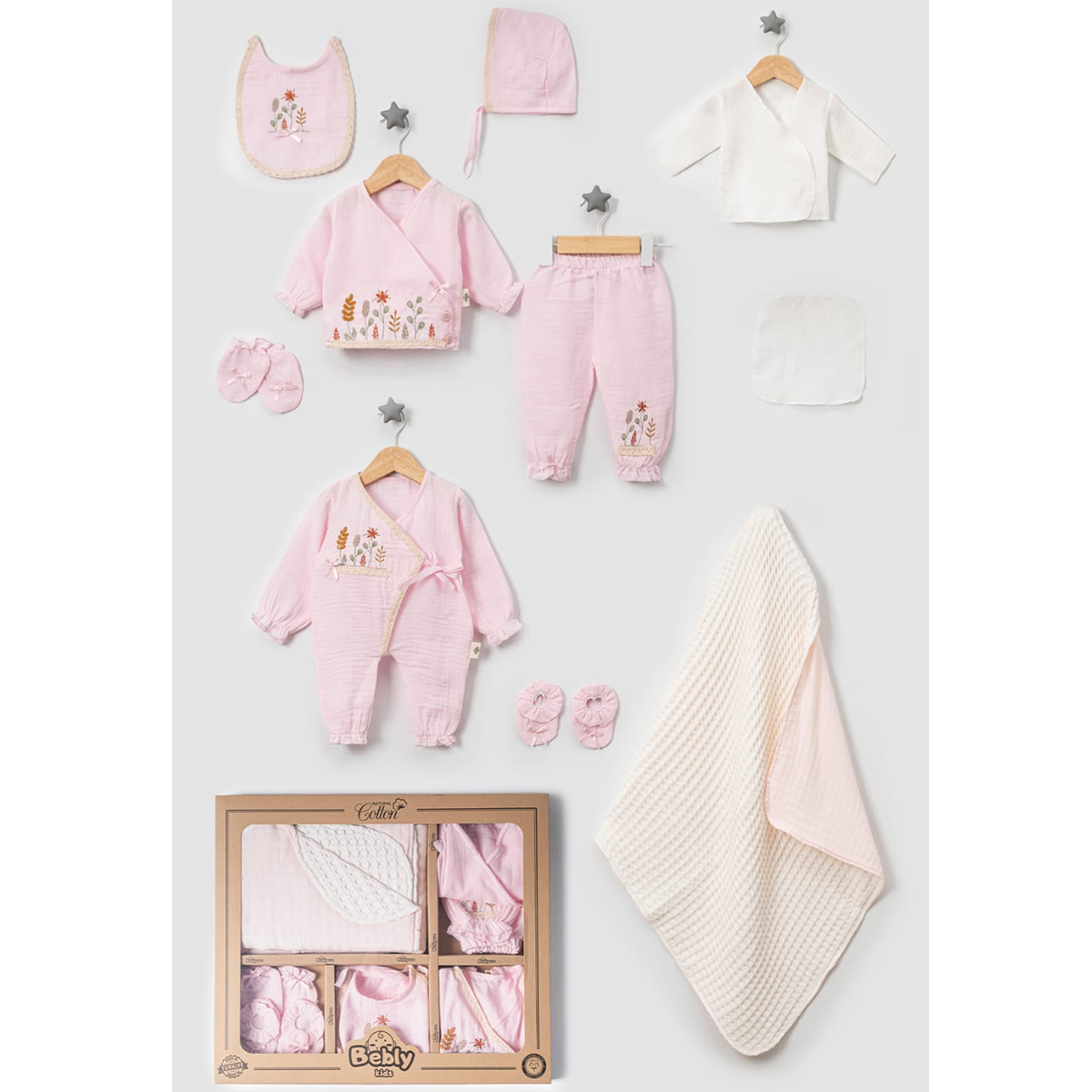 BEBLY KIDS KIZ 0-3 AY ÇİÇEK NAKIŞ MÜSLİN 10LU SET Toptan Bebe Giyim